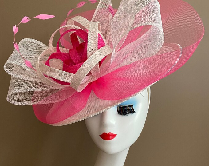 White Sinamay Carriage Church Fascinator With White/hot Pink Large Bow ...