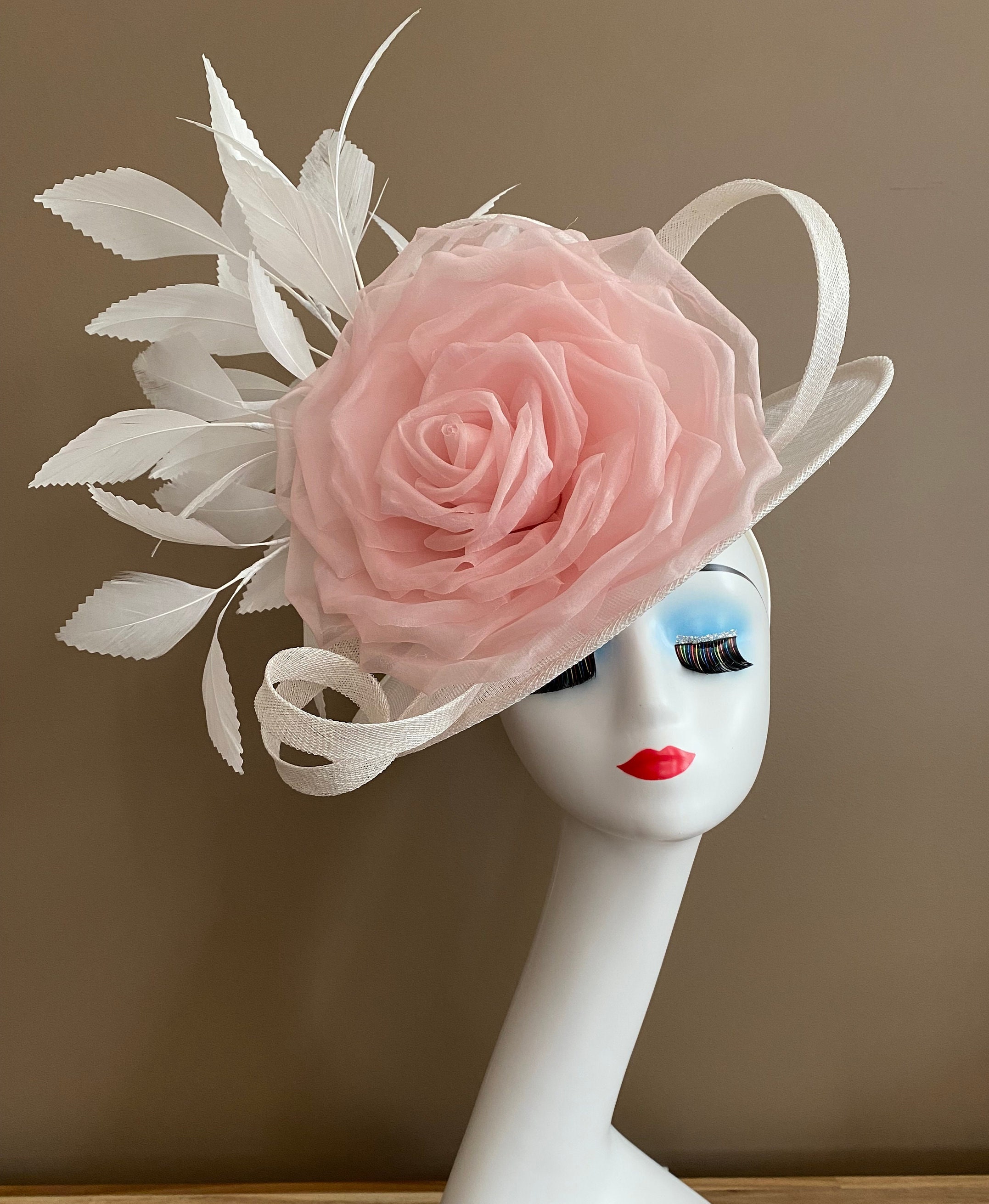 White/soft Pink Sinamay Fascinator With Large Real Silk Rose. - Etsy