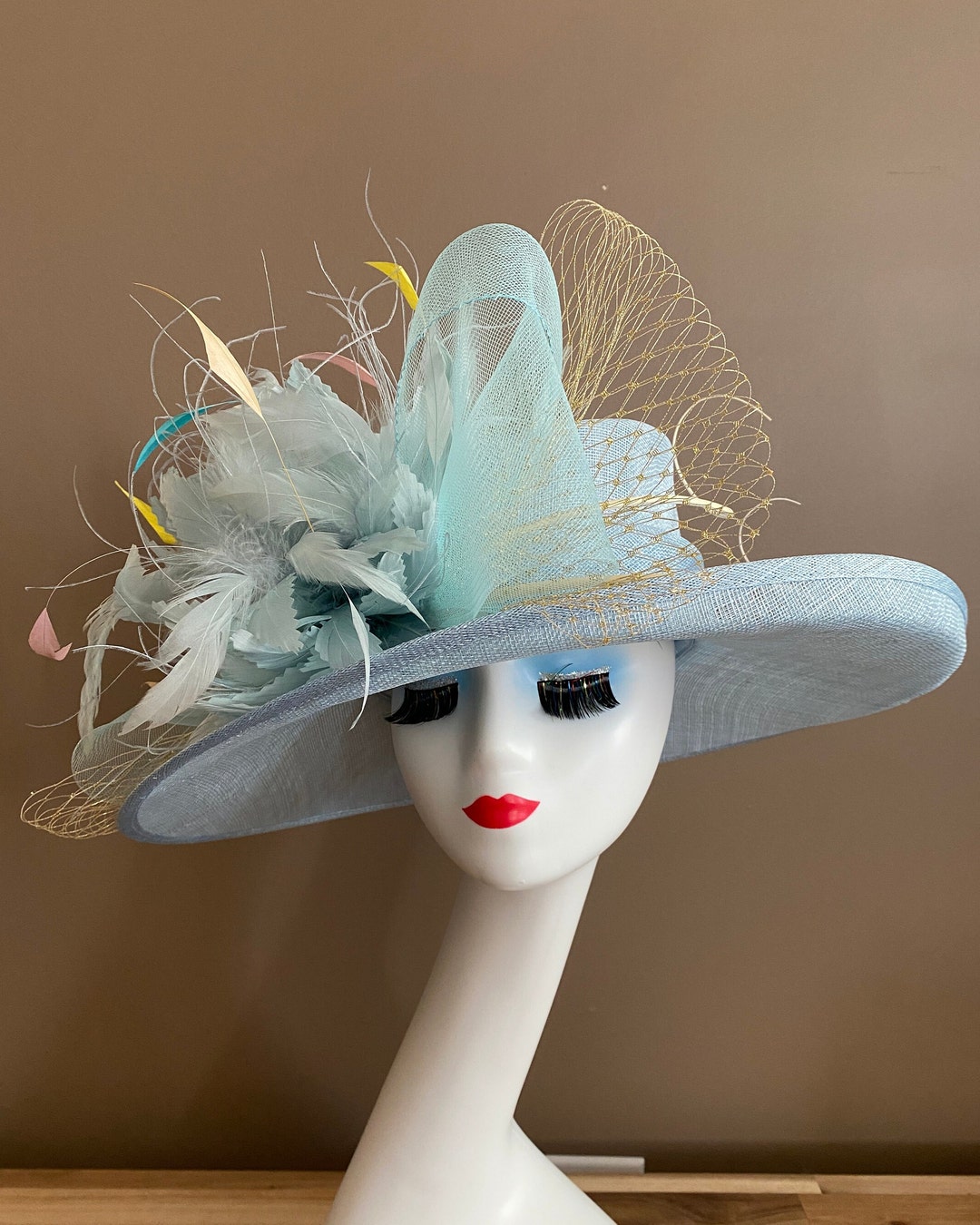 Ready to Ship: Powder Blue Wide Brim Kentucky Derby Hat With Gold/baby ...