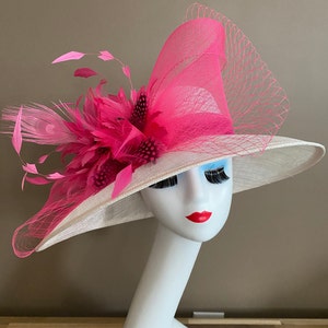 Ivory White/hot Pink Church Carriage Kentucky Derby Hat W Netting Bow ...