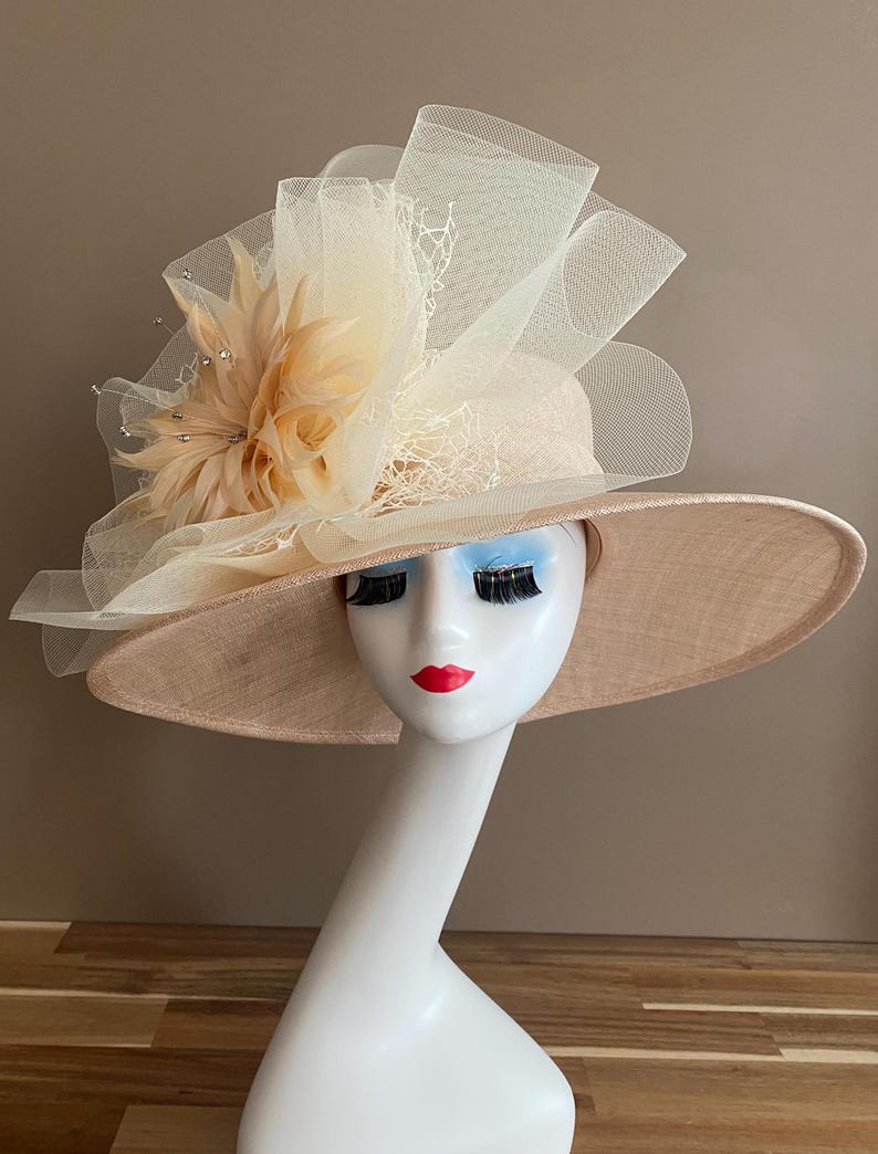 Wide Brim Sinamay Derby Hat(g5): Pale Gold Feather Flower Bow - Etsy