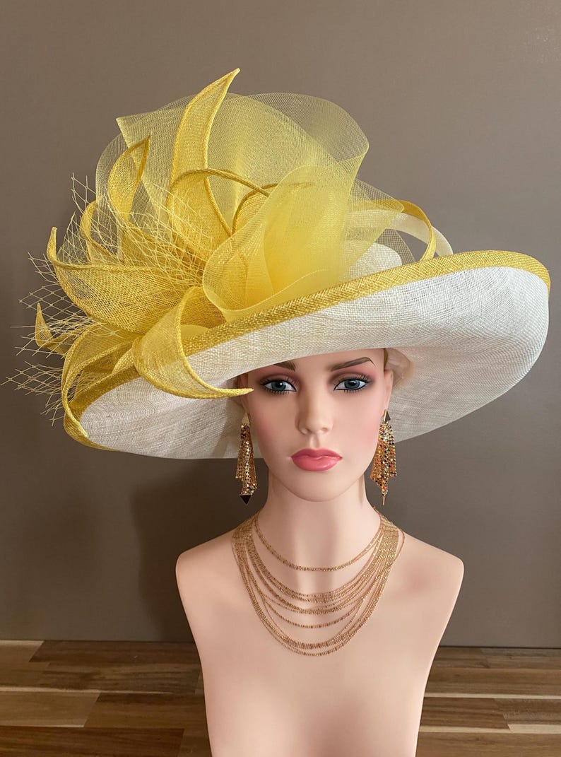 Ivory/bright Yellow Large Wide Brim Kentucky Derby Hat: Netting Bow ...