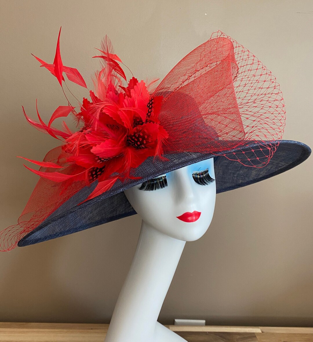 Navy Blue Church Carriage Kentucky Derby Hat W Red Netting Bow ...