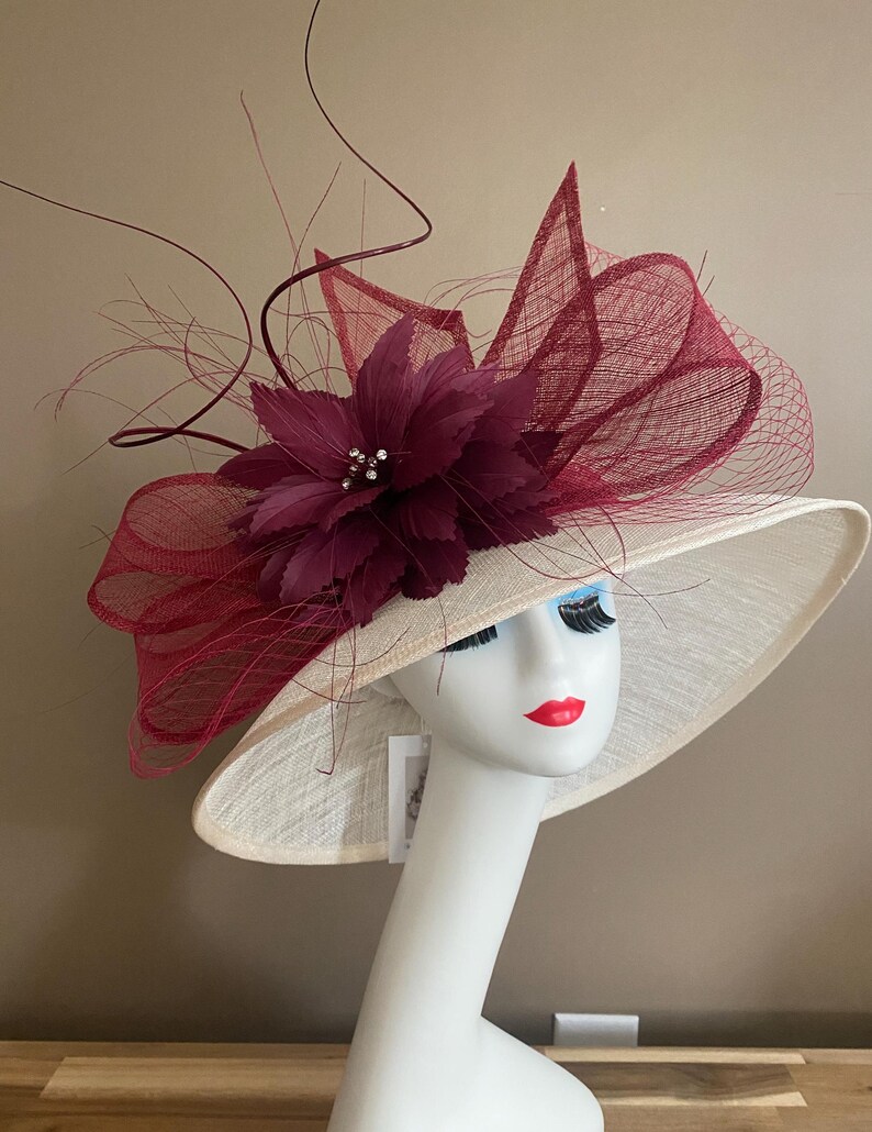 Wide Brim Sinamay Derby Hat(g9): Ivory, Maroon Feather Flower - Etsy