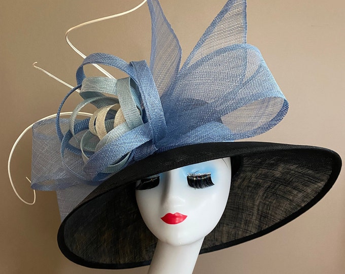 Black/blue Wide Brim Church Carriage Kentucky Derby Hat With Large Bow ...