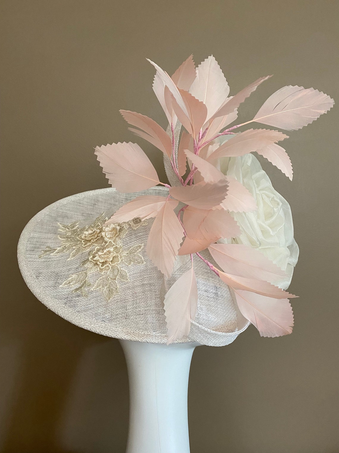 White/ivory/pale Pink Sinamay Fascinator With Real Silk Rose. - Etsy