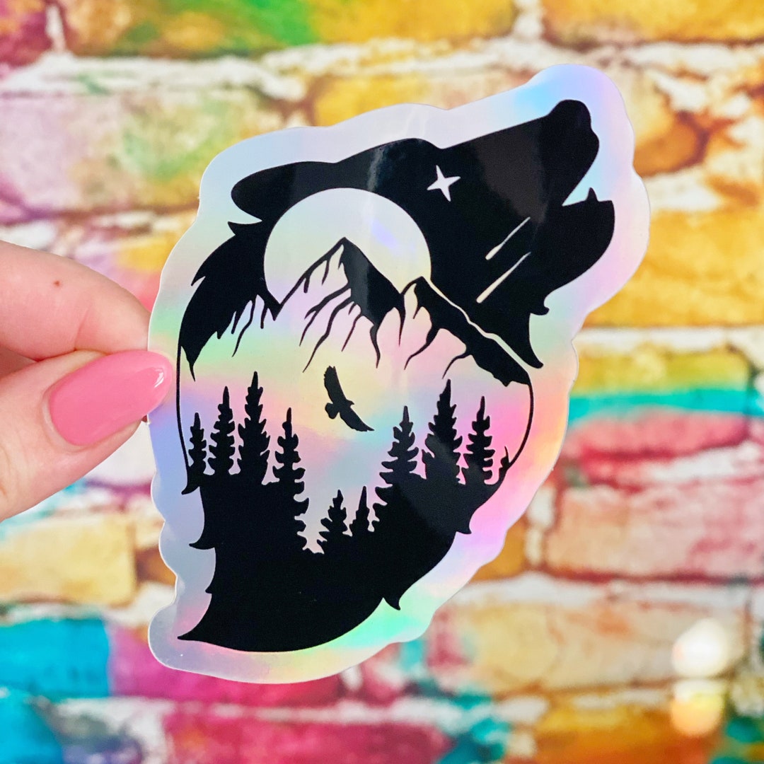 Wolf Mountain Holographic Vinyl Decal, Spiritual Moon Wolf Silhouette ...