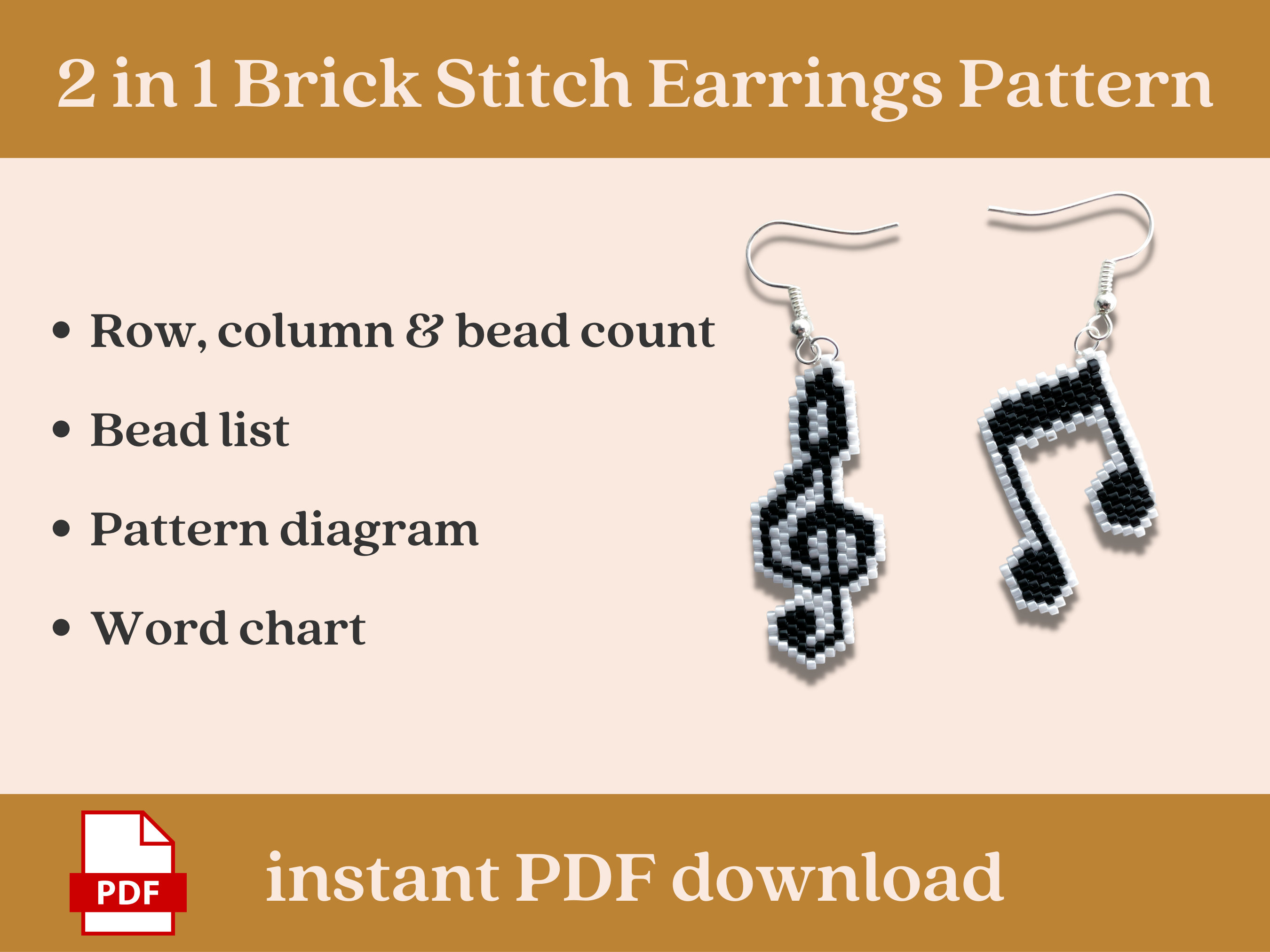 Music Note & Treble Clef Earrings Pattern, Brick Stitch PDF Beading ...