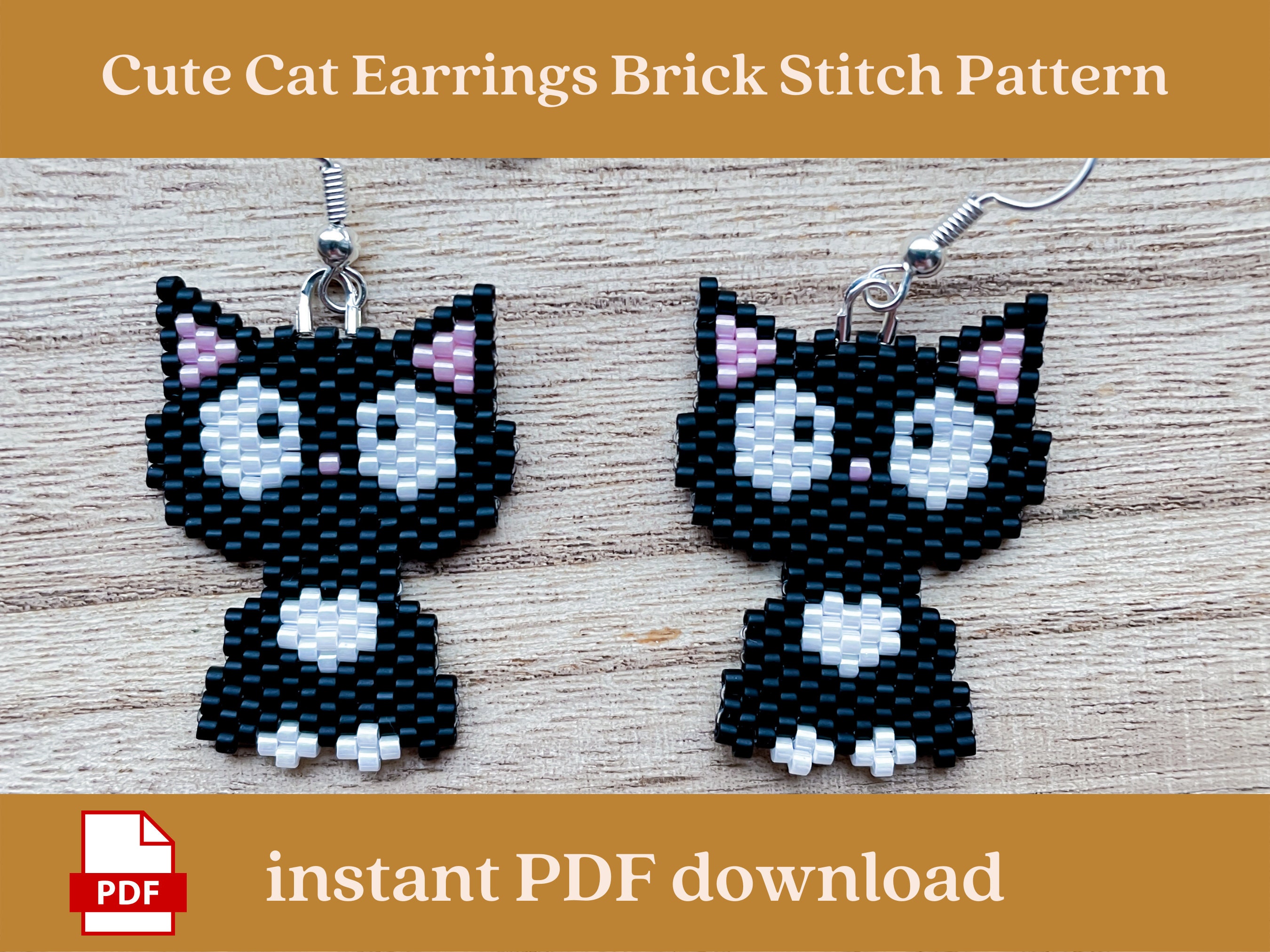 Cute Cat Brick Stitch Earrings Pattern, Tuxedo Cat Beading Pattern ...