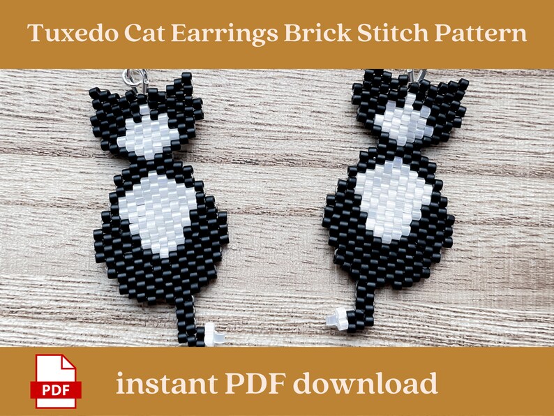 Black Cat Brick Stitch Earrings Pattern, Tuxedo Cat Beading Pattern, Beaded Earrings PDF Pattern ...