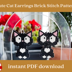 Cute Cat Brick Stitch Earrings Pattern, Tuxedo Cat Beading Pattern, Beaded Earrings PDF Pattern ...