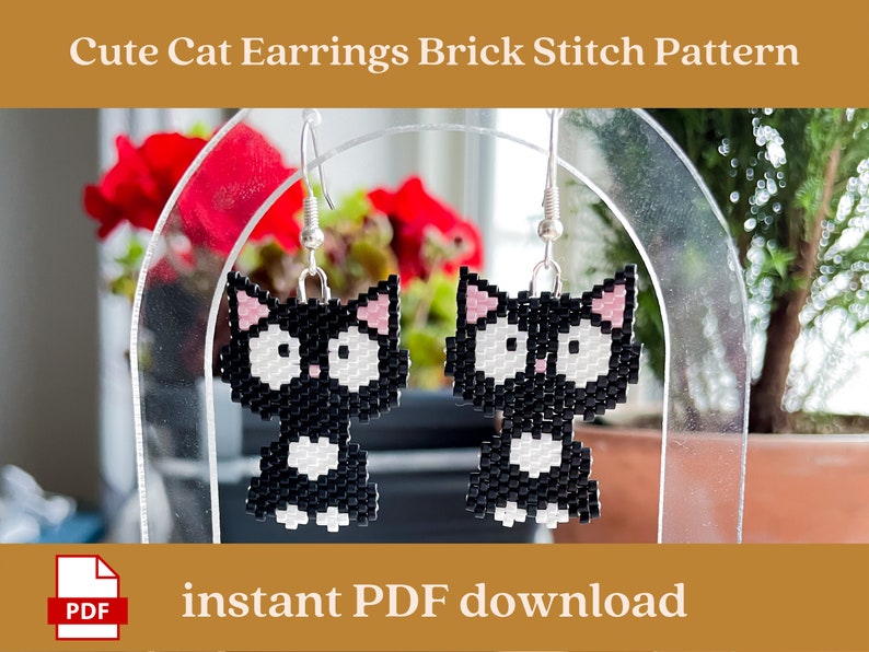 Cute Cat Brick Stitch Earrings Pattern, Tuxedo Cat Beading Pattern ...