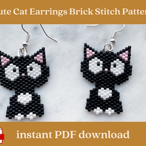 Cute Cat Brick Stitch Earrings Pattern, Tuxedo Cat Beading Pattern, Beaded Earrings PDF Pattern ...