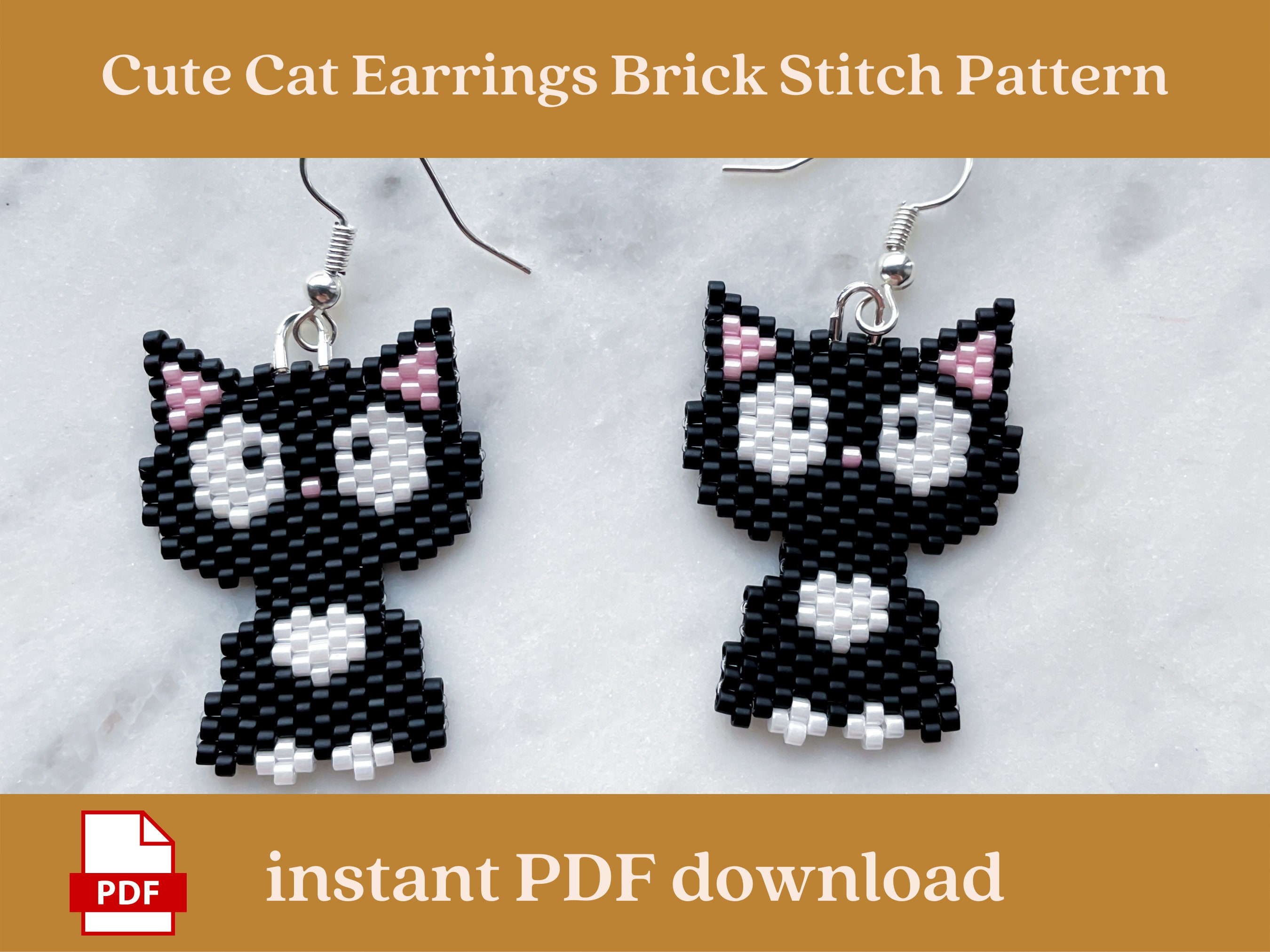 Cute Cat Brick Stitch Earrings Pattern, Tuxedo Cat Beading Pattern, Beaded Earrings PDF Pattern ...