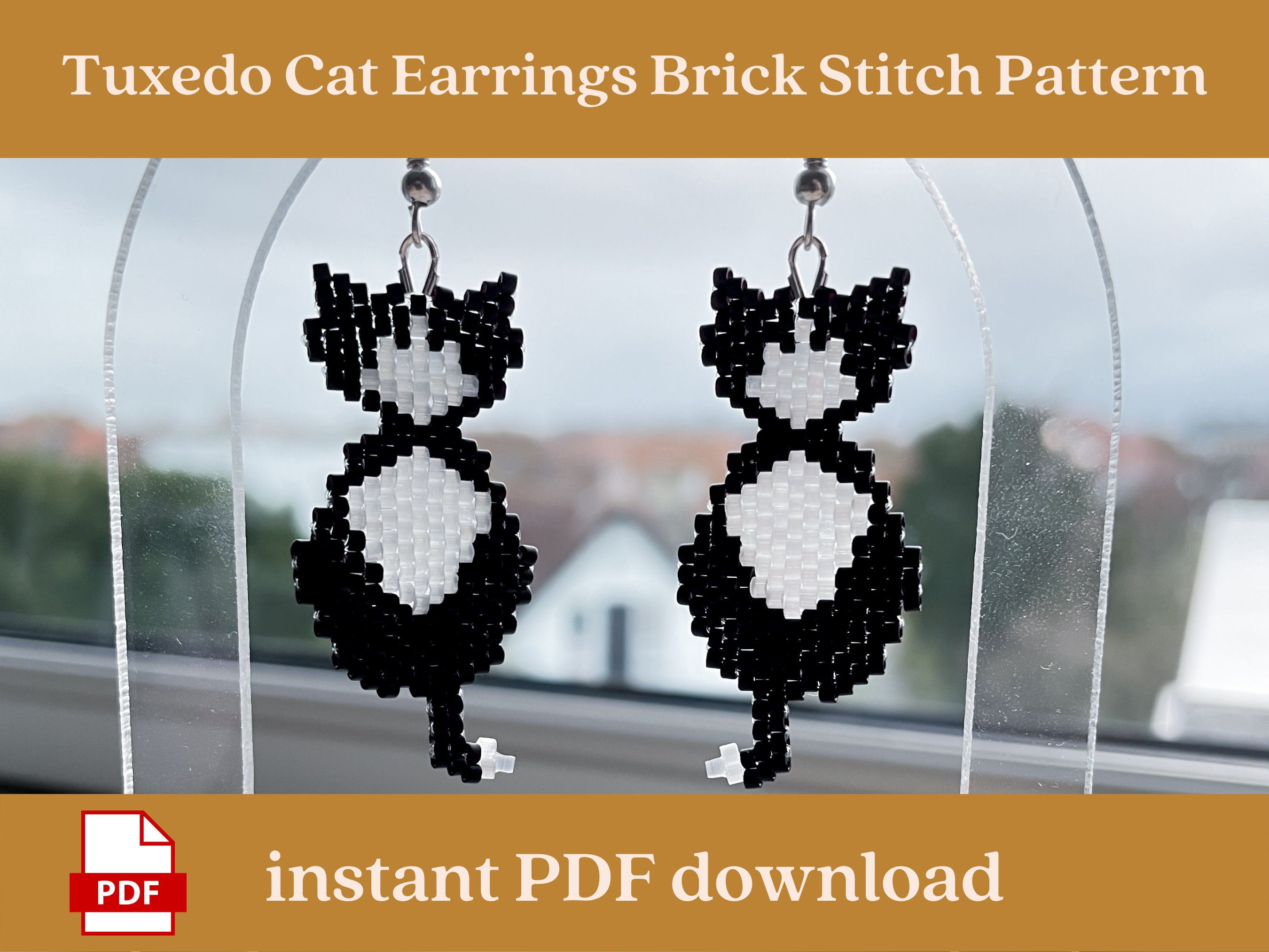 Black Cat Brick Stitch Earrings Pattern, Tuxedo Cat Beading Pattern ...