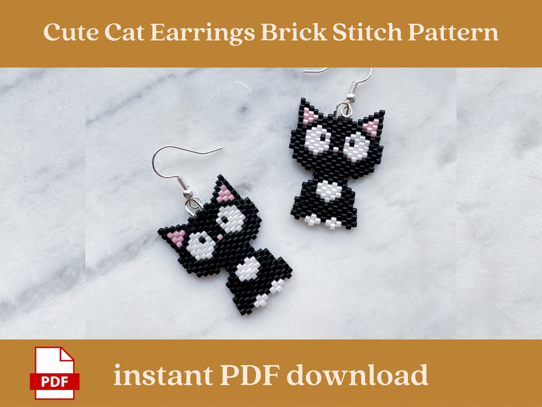 Cute Cat Brick Stitch Earrings Pattern, Tuxedo Cat Beading Pattern ...
