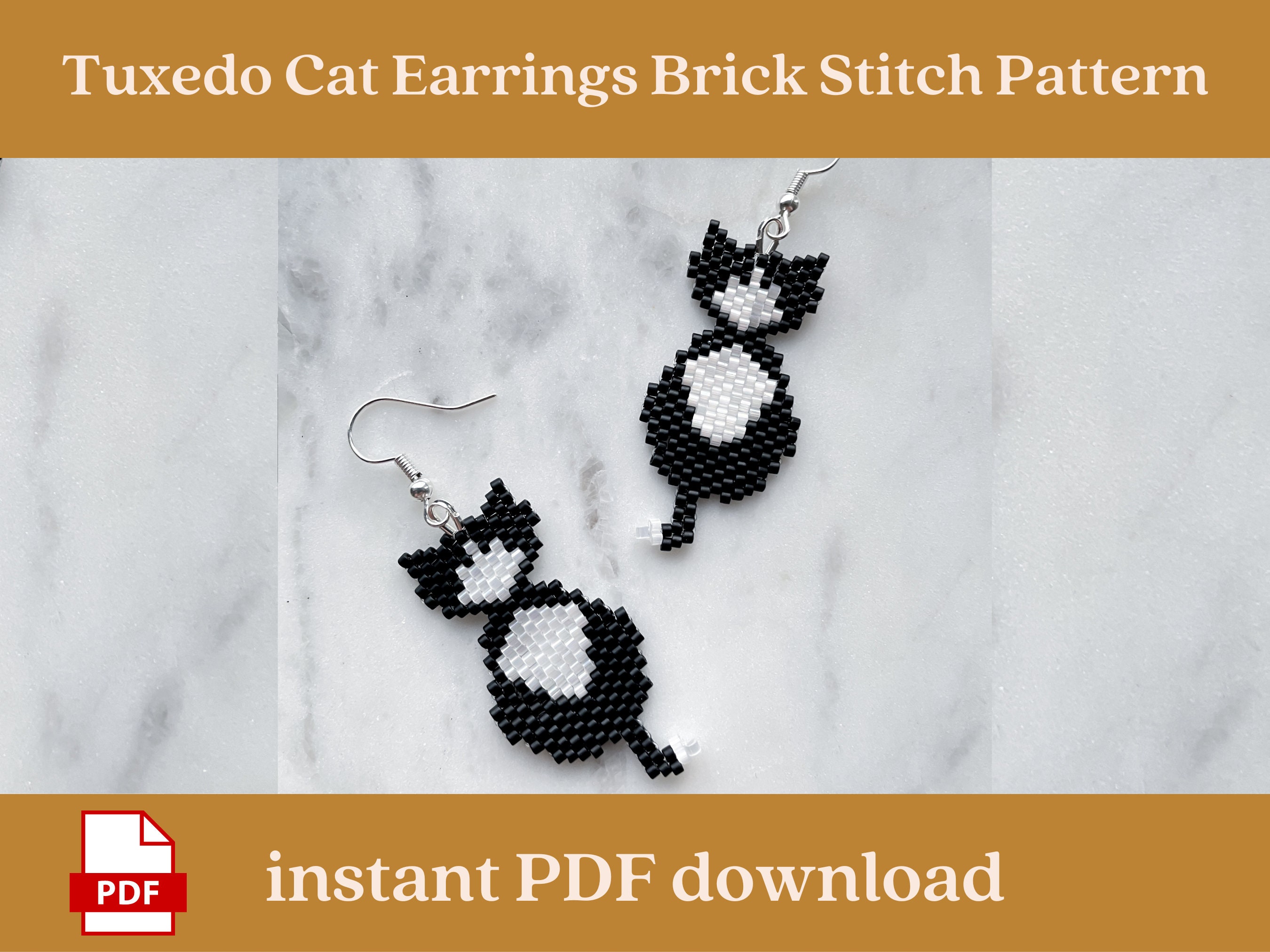 Black Cat Brick Stitch Earrings Pattern, Tuxedo Cat Beading Pattern ...