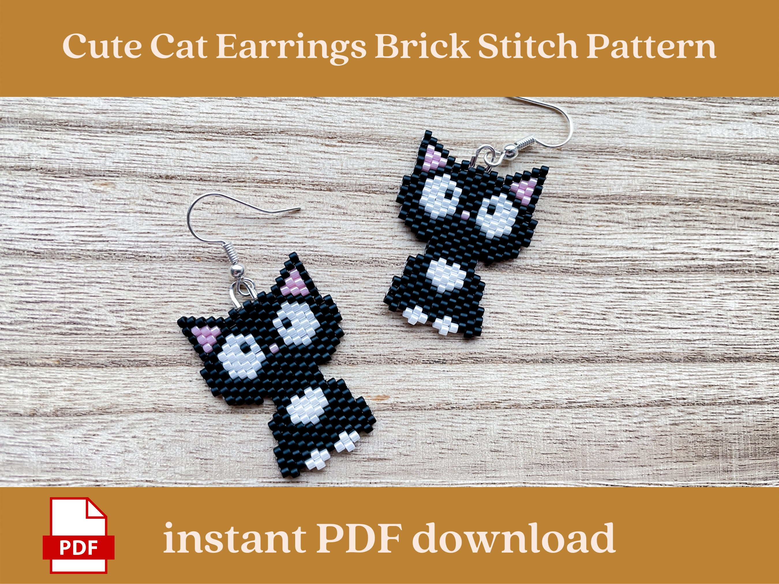 Cute Cat Brick Stitch Earrings Pattern, Tuxedo Cat Beading Pattern ...