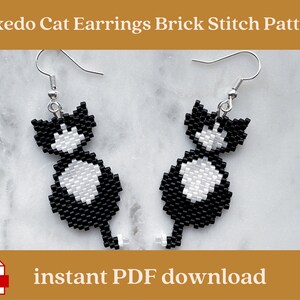 Black Cat Brick Stitch Earrings Pattern, Tuxedo Cat Beading Pattern, Beaded Earrings PDF Pattern ...