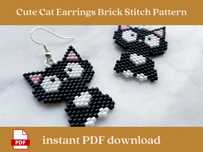 Cute Cat Brick Stitch Earrings Pattern, Tuxedo Cat Beading Pattern ...