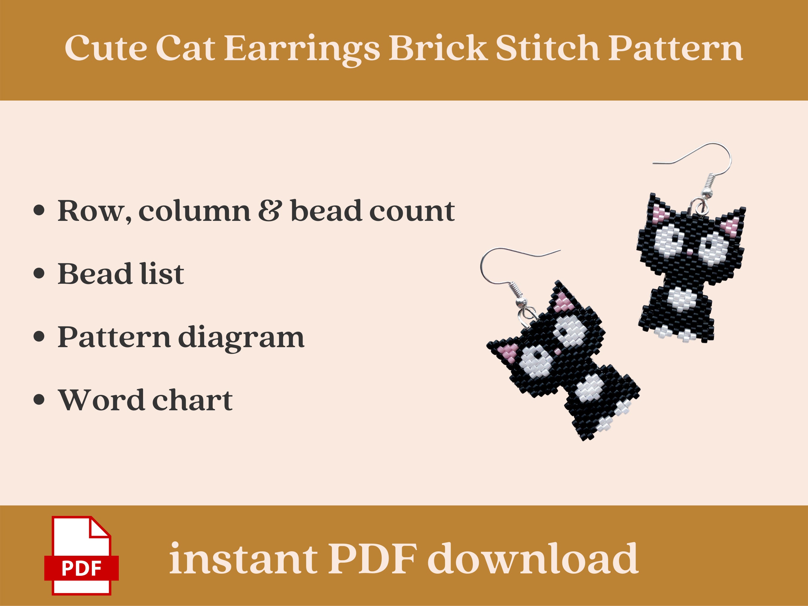 Cute Cat Brick Stitch Earrings Pattern, Tuxedo Cat Beading Pattern ...