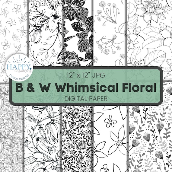 Whimsical Floral Digital Paper Black and White Paper - Etsy