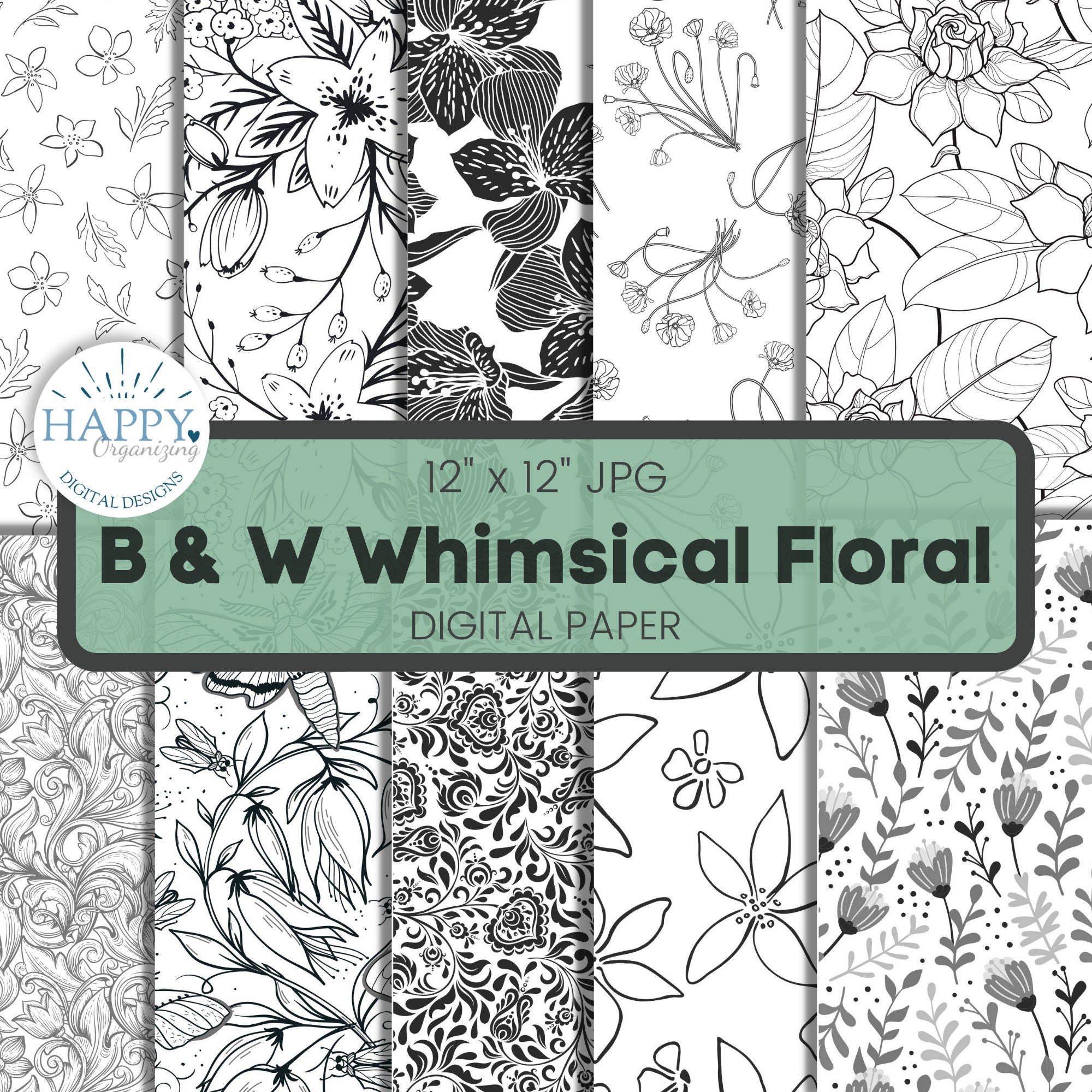 Whimsical Floral Digital Paper Black and White Paper - Etsy