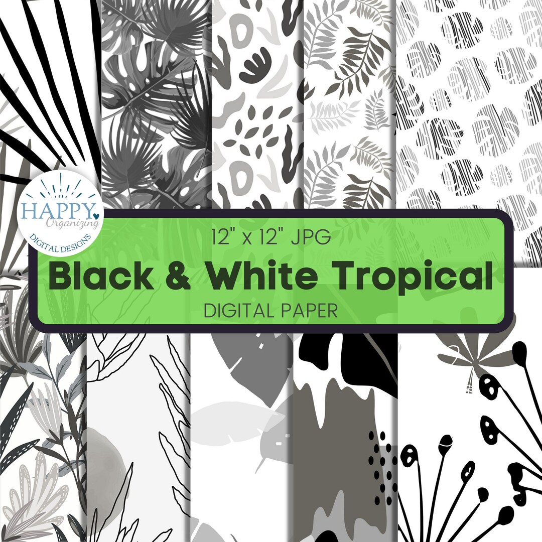 10 Tropical Digital Papers, Black and White Paper, Tropical, Summer ...