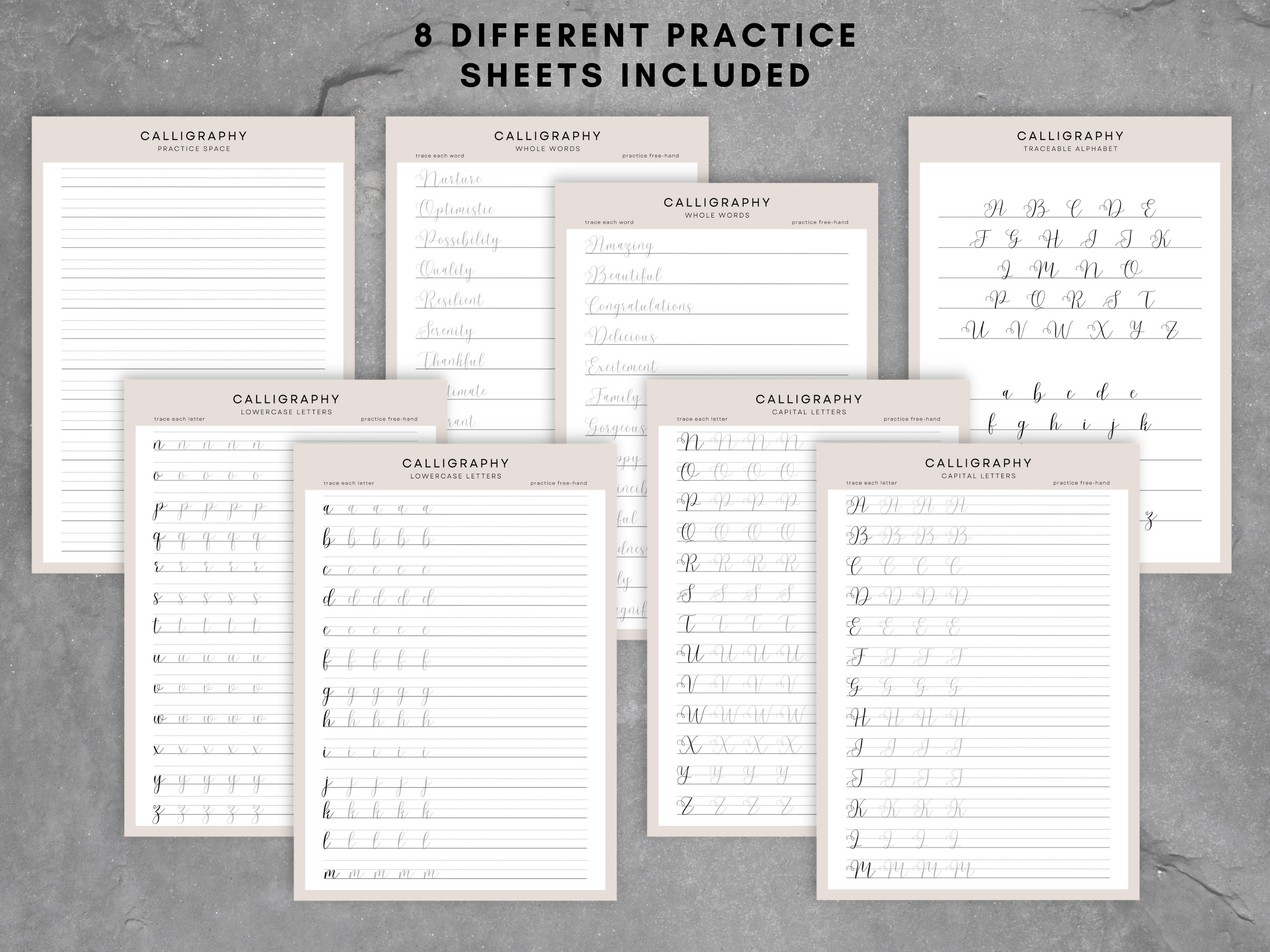 Printable Calligraphy Practice Sheets 8 Pages Instant - Etsy