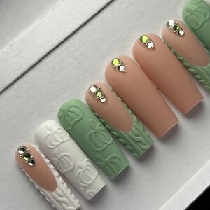 Sage Green Fall 3D Pumpkin French Tip Sweater Nail Design Press on ...