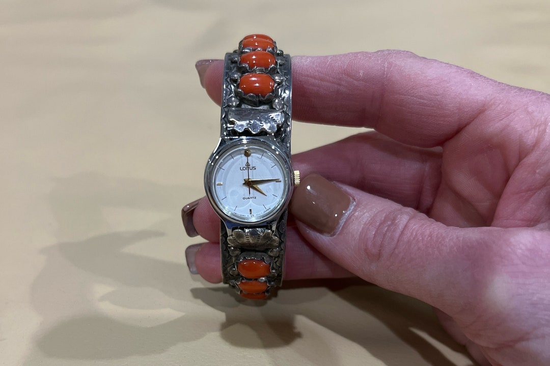 Handmade, Signed, Zuni Navajo Coral Women's Cuff Watch in Sterling ...