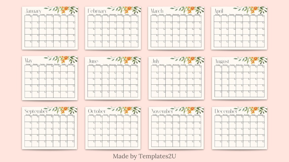 Monthly Calendar Printable Floral Digital Template 2022 Instant ...