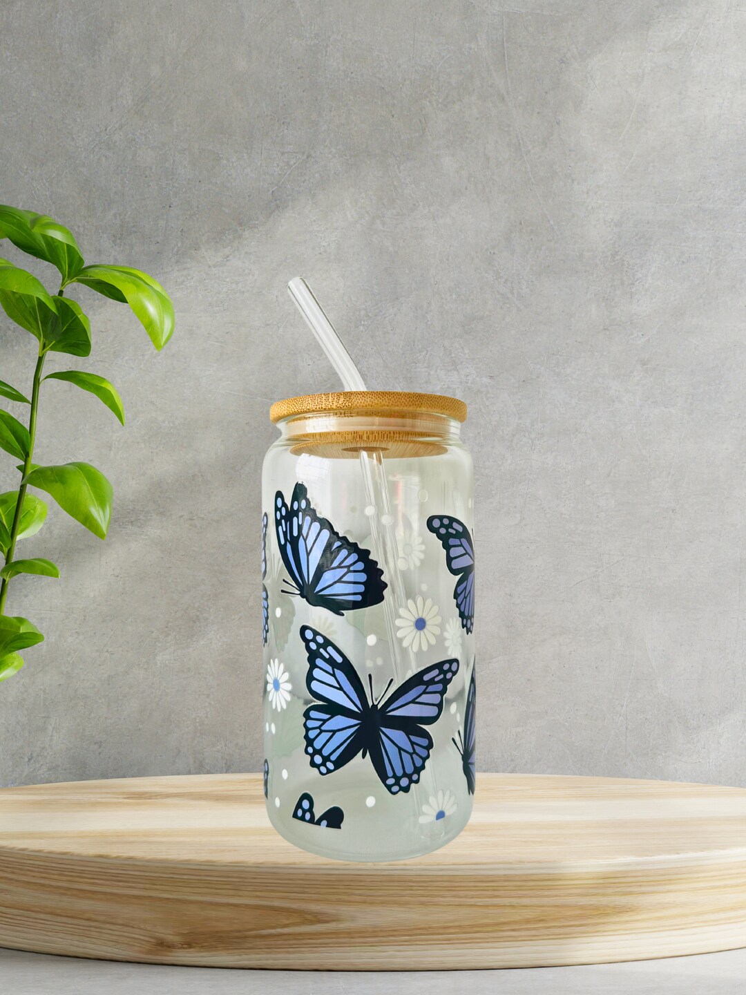 Butterfly Glass Cup, Purple Butterfly Cup, Iced Coffee Glass, Purple ...