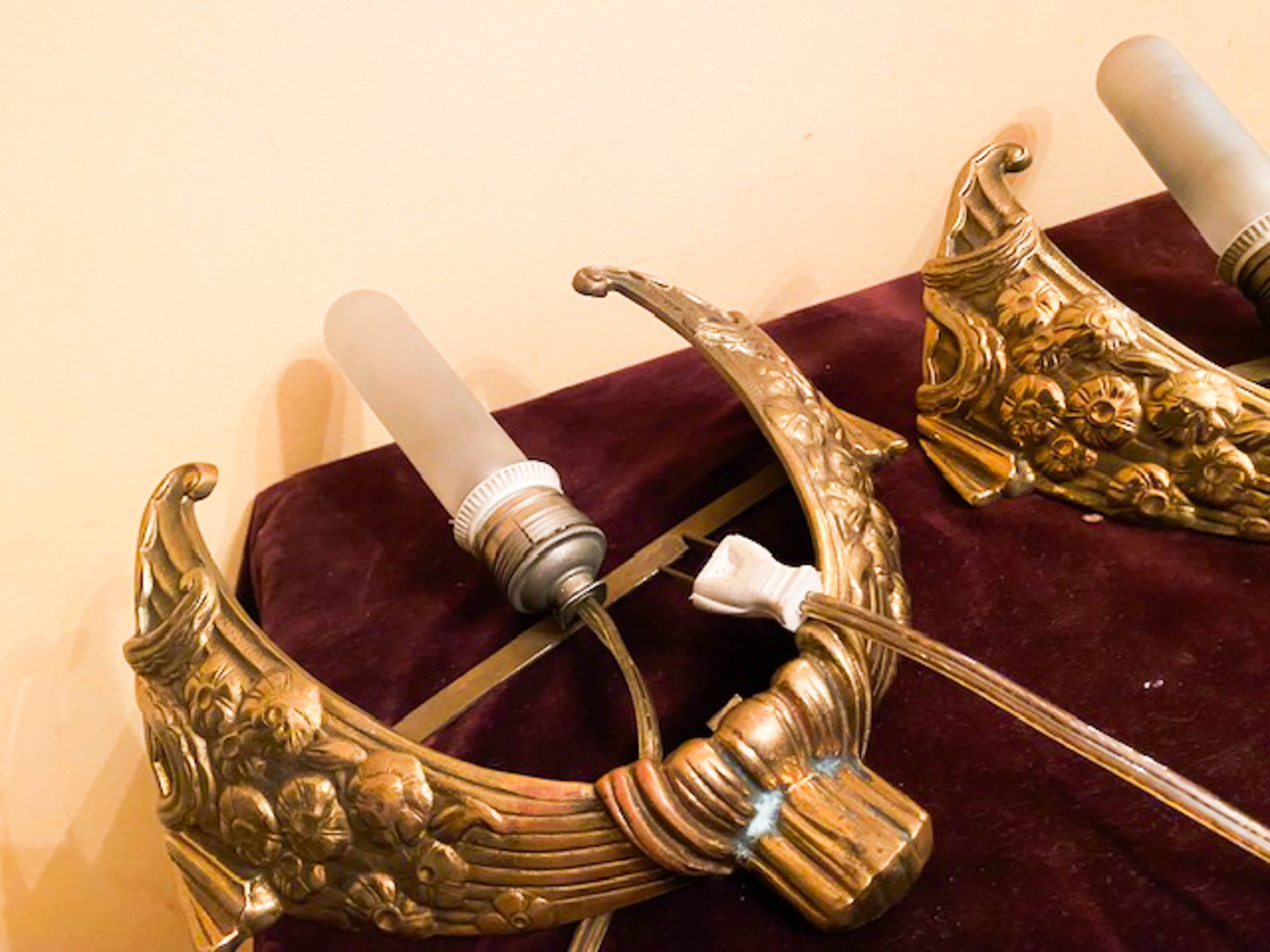 Pair Muller Freres Scones Lights, Art Deco French Antique, Heavy Brass ...