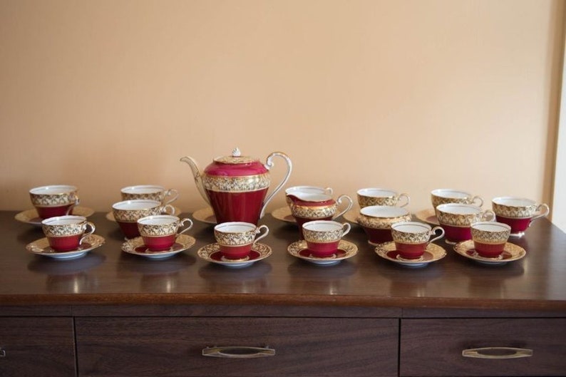 17 Peaces Set Maroon Gold Aynsley Tea Coffee Set, Ornate Vintage Bone ...