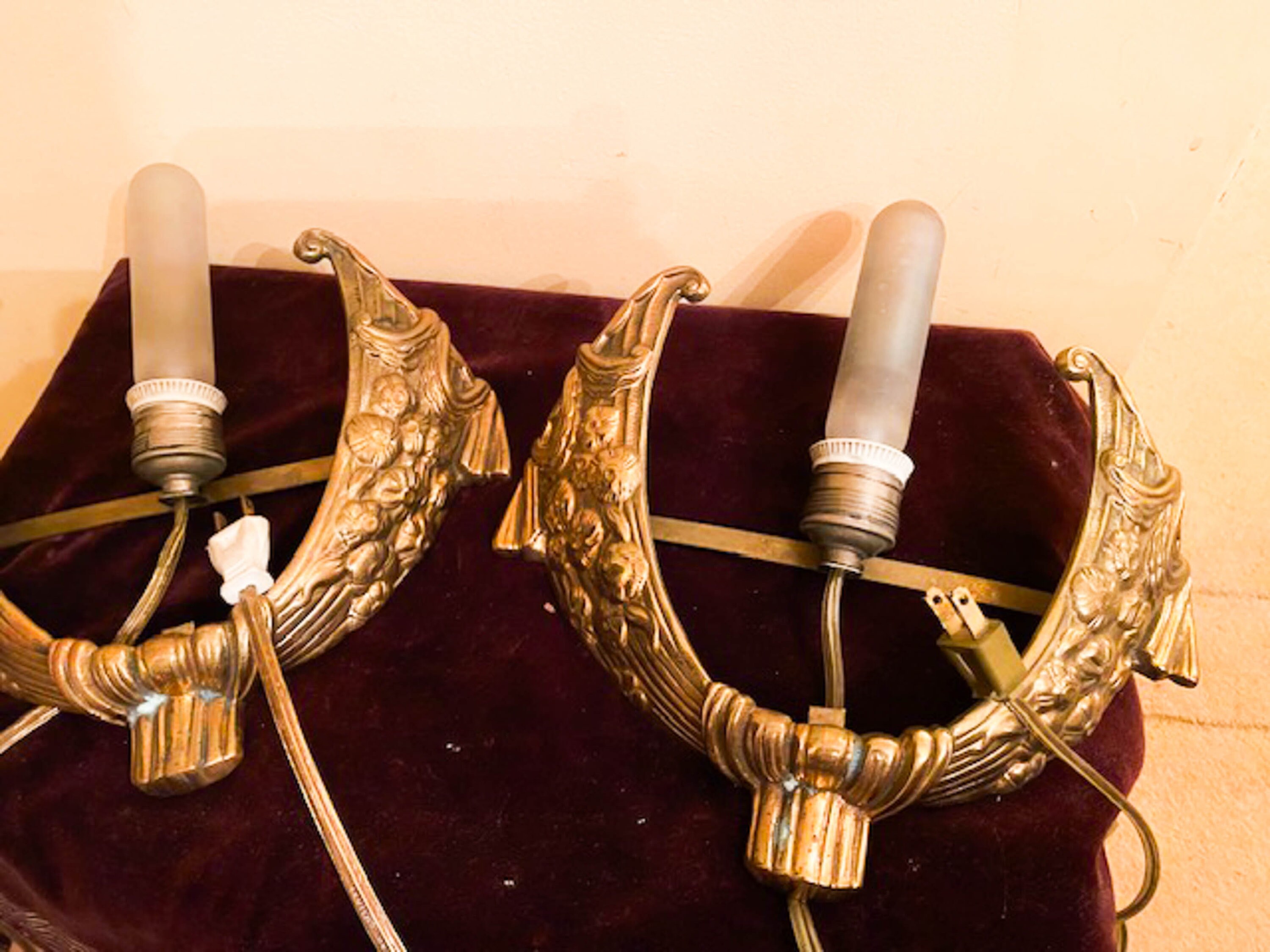 Pair Muller Freres Scones Lights, Art Deco French Antique, Heavy Brass ...