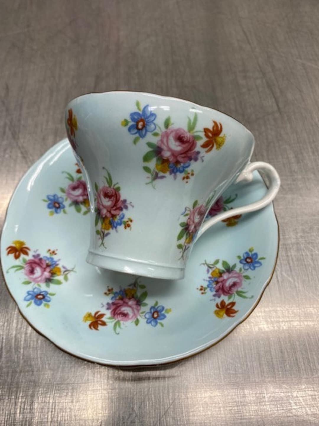 Elegant Aynsley Blue Floral Teacup and Saucer, England Bone China ...