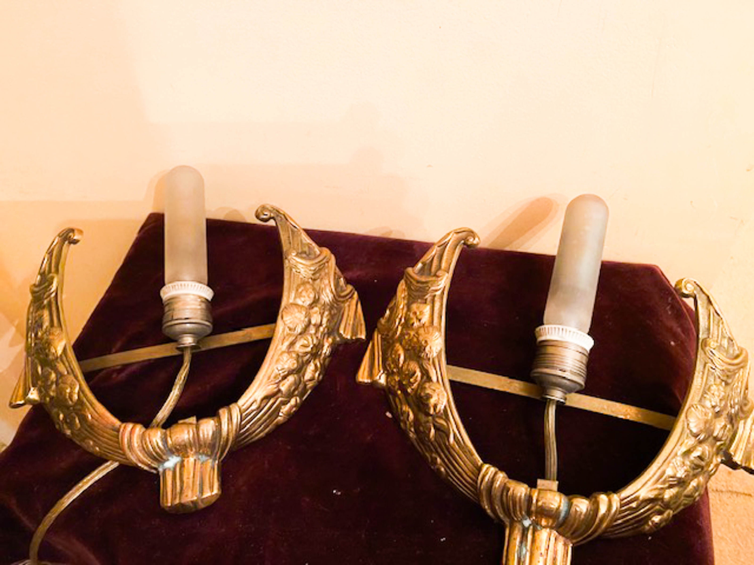 Pair Muller Freres Scones Lights, Art Deco French Antique, Heavy Brass ...