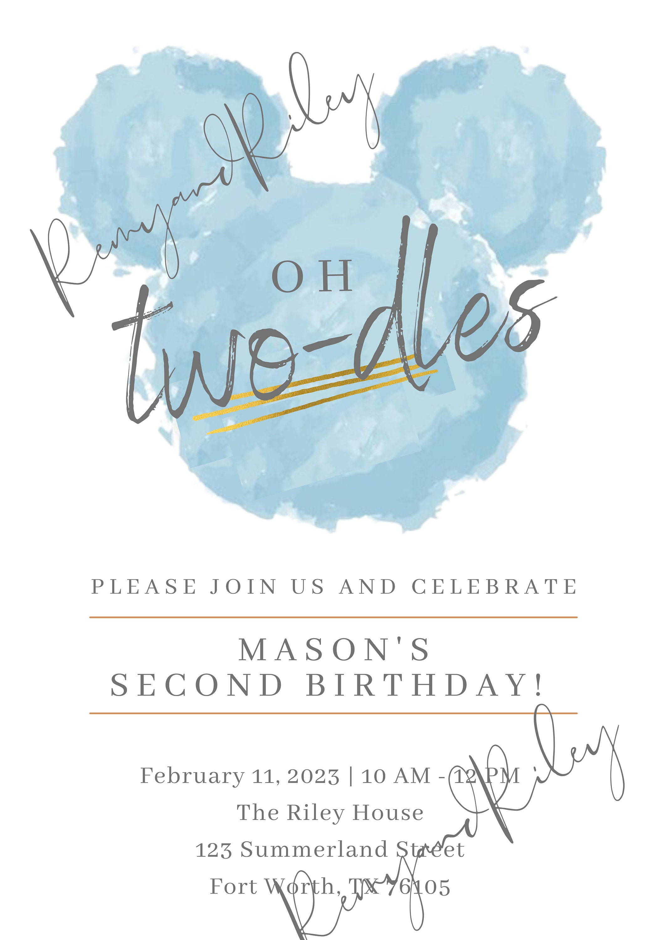 Oh Two-dles Mickey Mouse Birthday Watercolor Invitation Digital ...