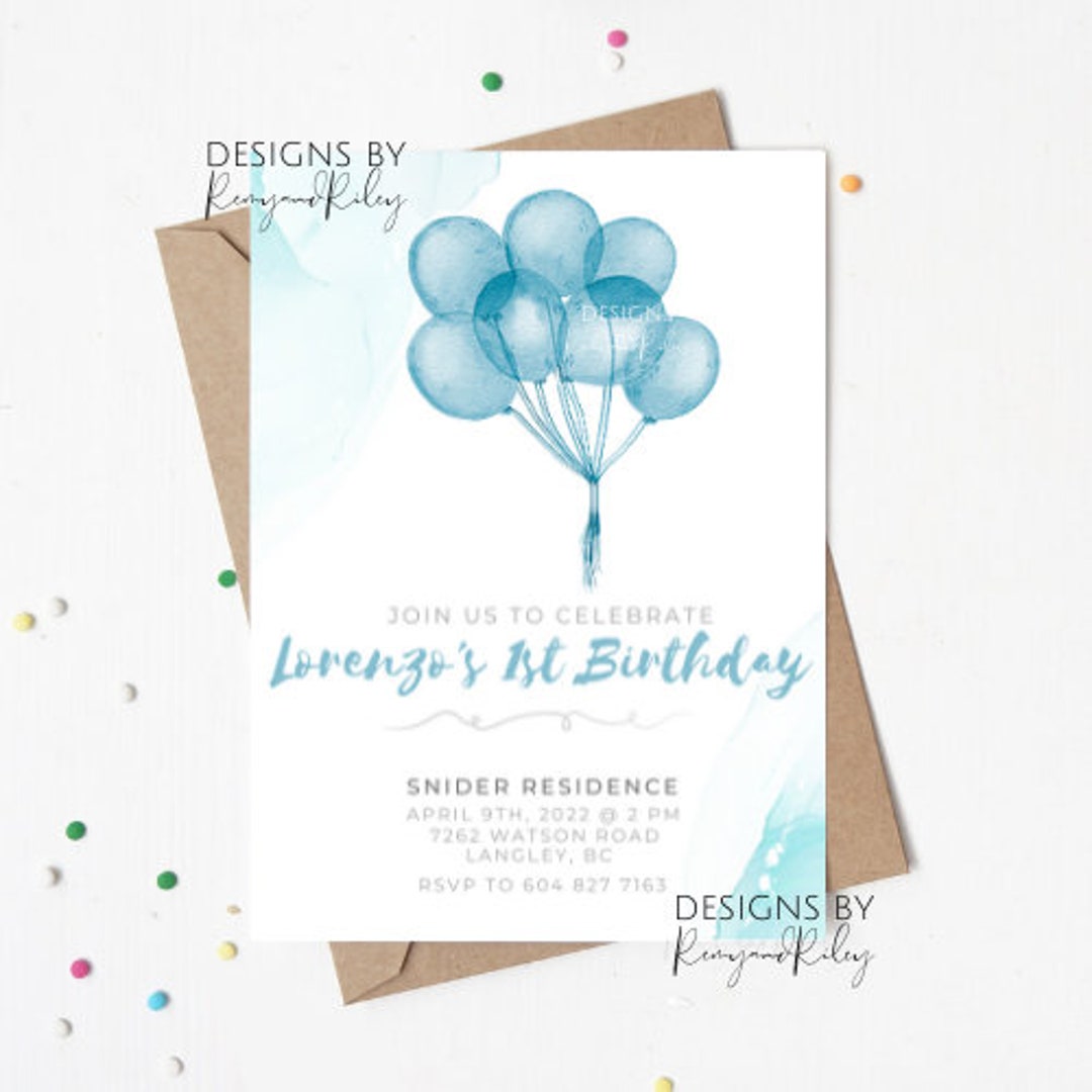 Blue Balloon Watercolor Birthday Invitation Digital Download - Etsy