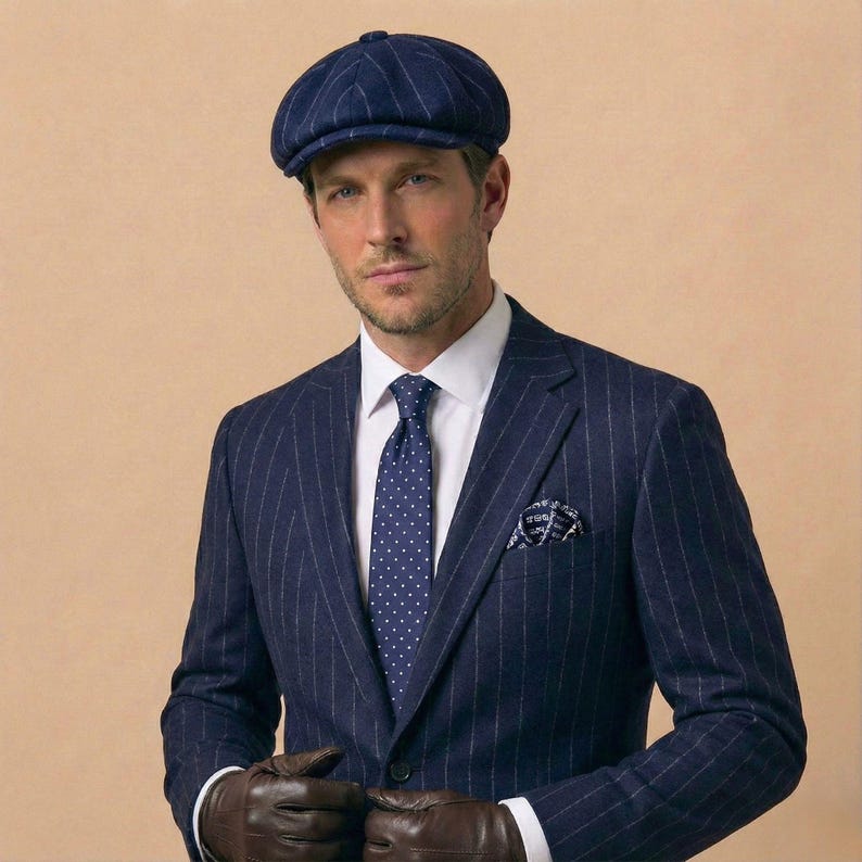 Dark Blue Striped Newsboy Cap – Peaky Blinders Hat, Handmade Wool ...