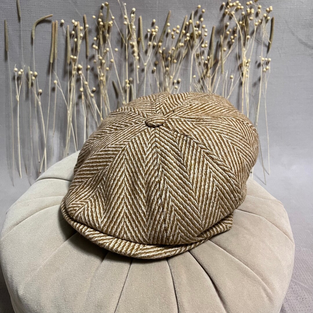 Camel White Herringbone Hat, 8 Panels Cap, Peaky Blinders Cap, Newsboy ...