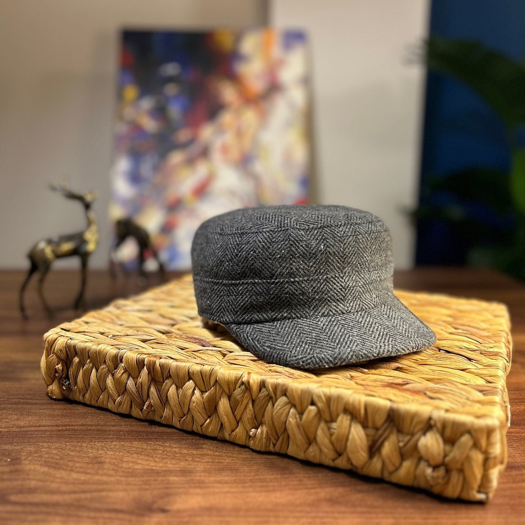 Gray Herringbone Cadet Cap,wool Army Style Hat,castro Cap,unisex ...