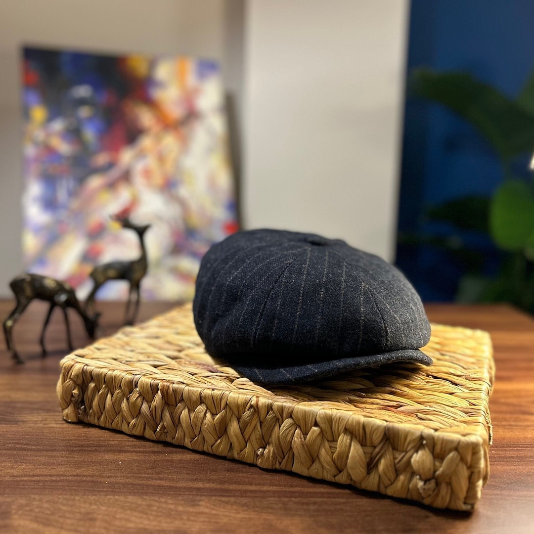 Striped Wool 8 Panels Cap, Peaky Blinders Hat, Black Newsboy Cap, Baker ...