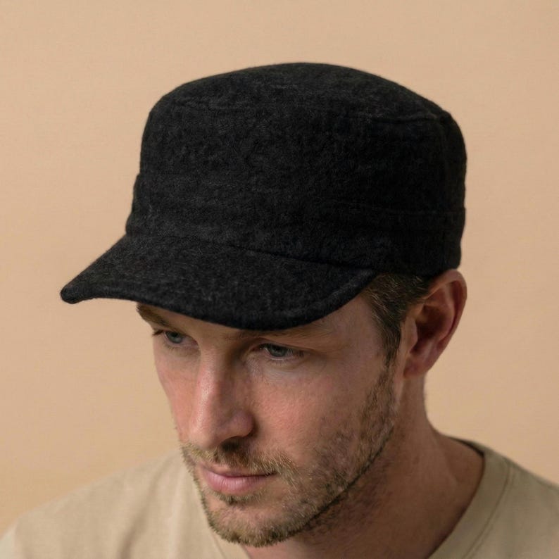 Black Winter Cadet Cap for Men Women, Warm Military Style Army Wool Hat ...