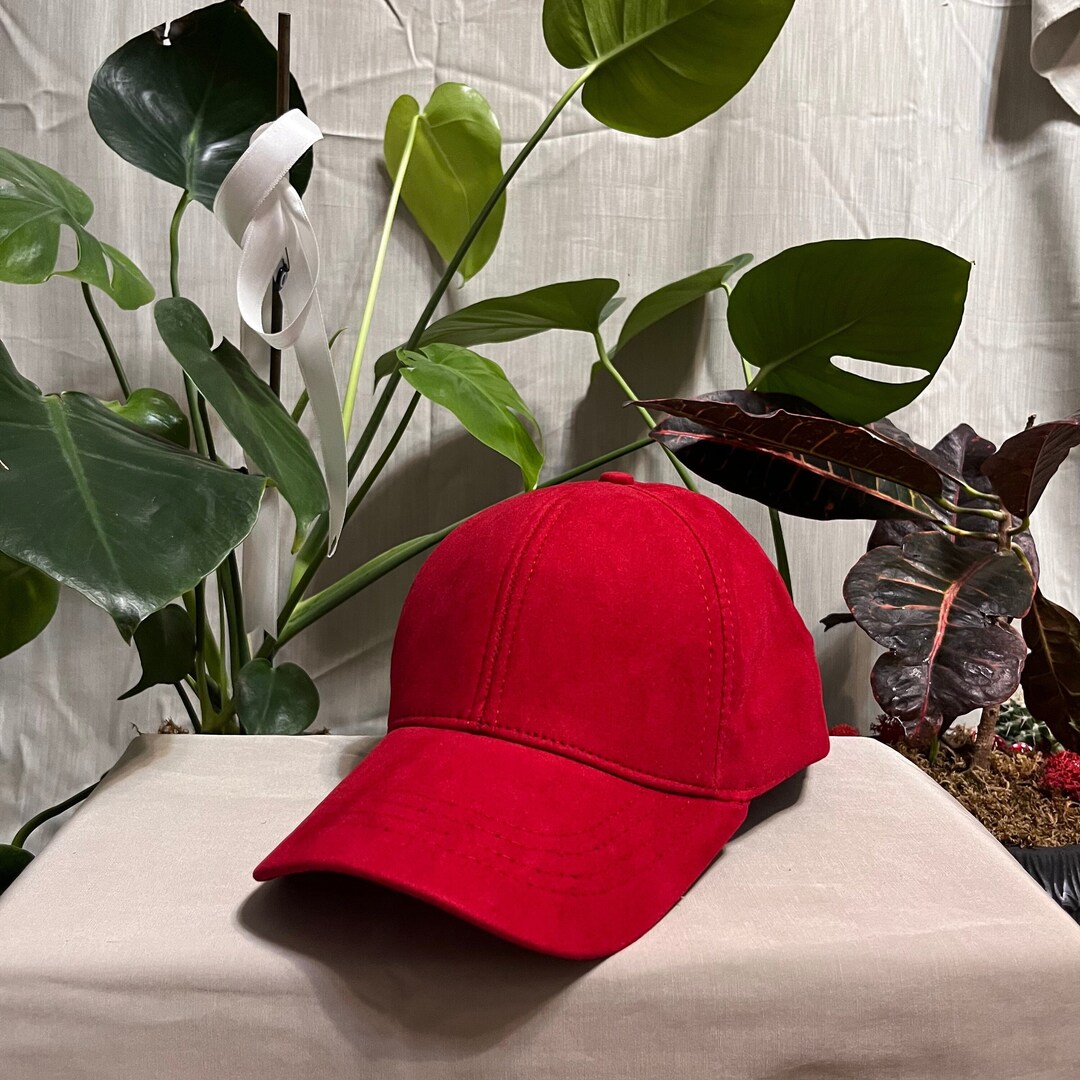 Red Suede Baseball Cap, Adjustable Leather Strap, Cadet Hat Style ...