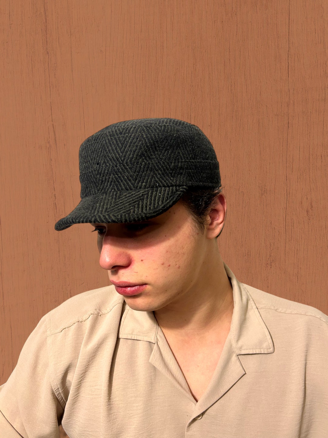 Green Herringbone Wool Cadet Cap Handmade Military Flat Hat for Men ...