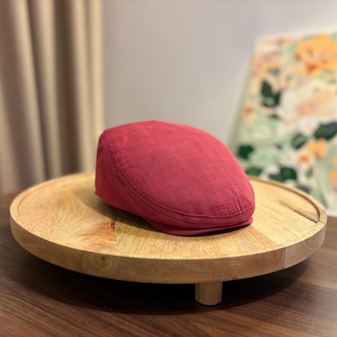 Red Vintage Style Flat Cap, Handmade Breathable Linen Hat, Newsboy Cap ...