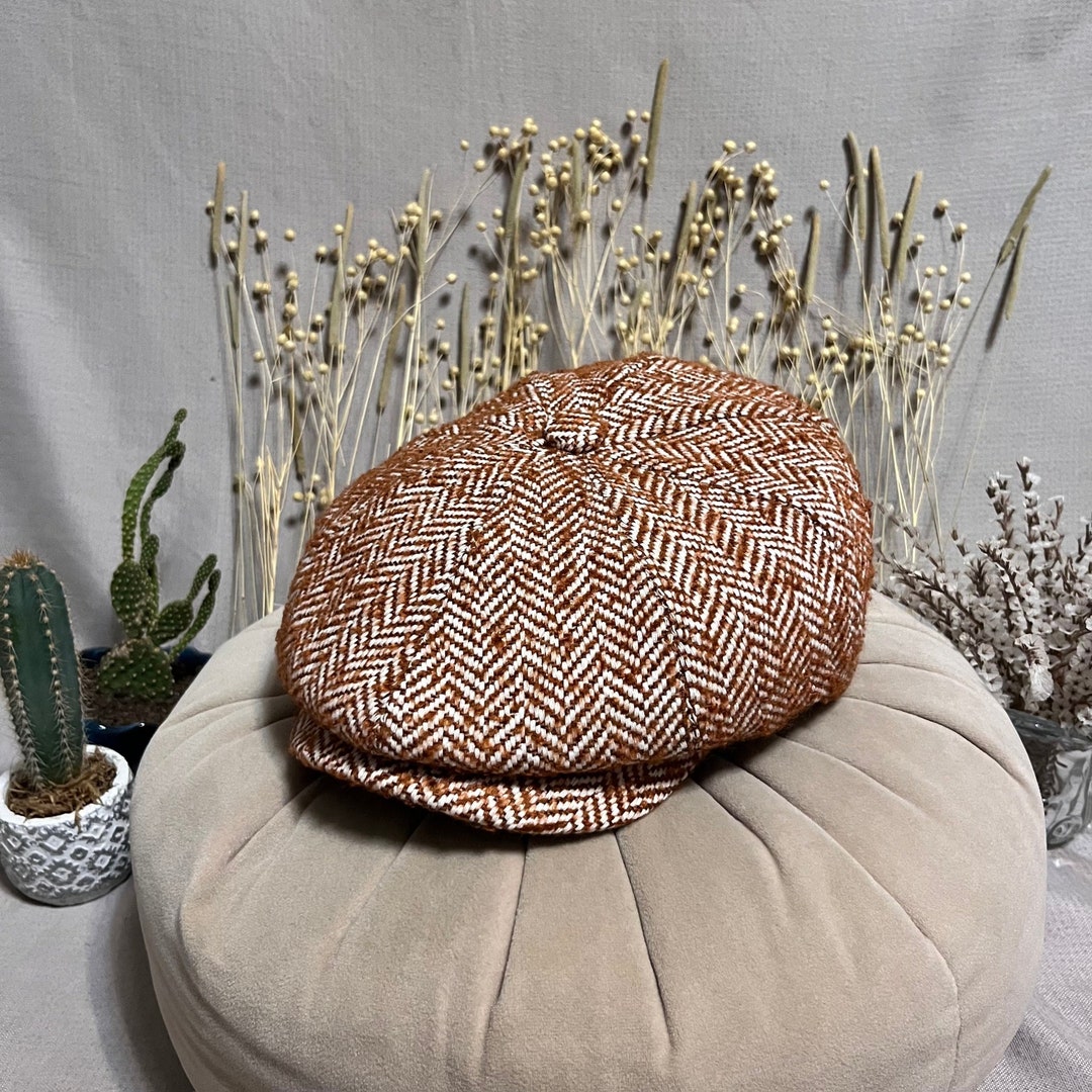 Orange White Herringbone 8 Panels Cap, Peaky Blinders Cap, Newsboy Hat ...
