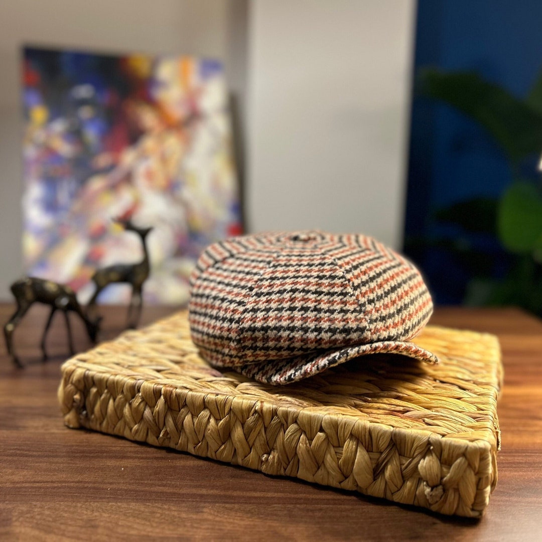 Orange&black Houndstooth Wool Hat, 8 Panels Cap, Handmade Newsboy Cap ...